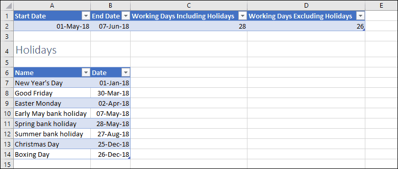 Excel Formula To Get Working Days Between Two Dates Excluding Holidays 